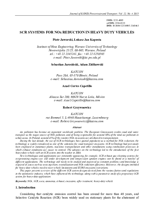 (PDF) SCR SYSTEMS FOR NOx REDUCTION IN HEAVY DUTY VEHICLES