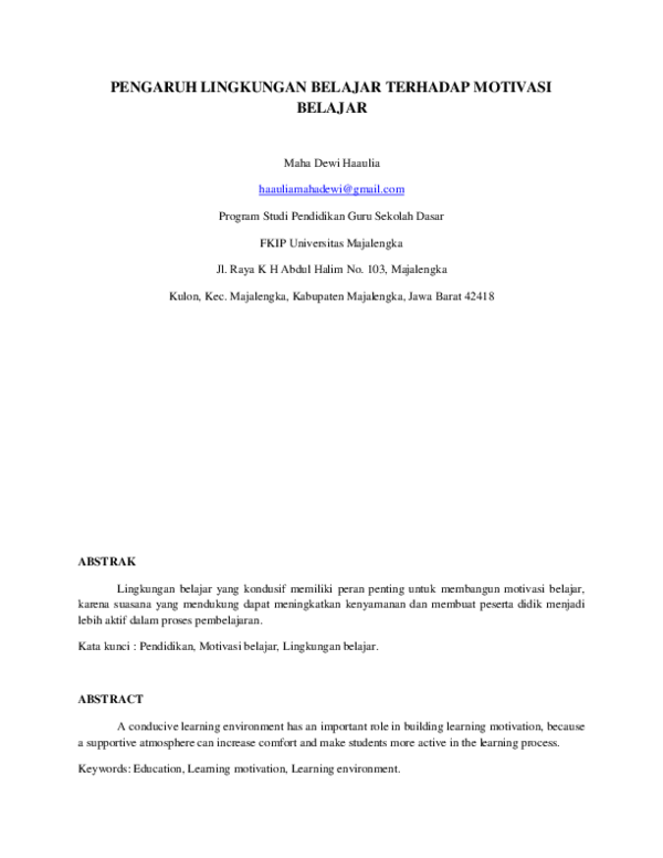 (PDF) Pengaruh Lingkungan Belajar Terhadap Motivasi Belajar