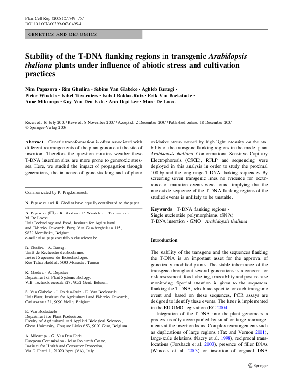 (PDF) Stability of the T-DNA flanking regions in transgenic Arabidopsis ...