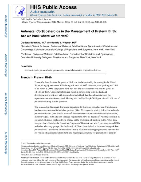 (PDF) Antenatal Corticosteroids in the Management of Preterm Birth: Are ...