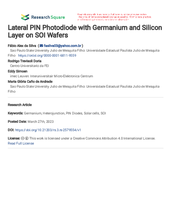 (PDF) Lateral PIN Photodiode with Germanium and Silicon Layer on SOI Wafers