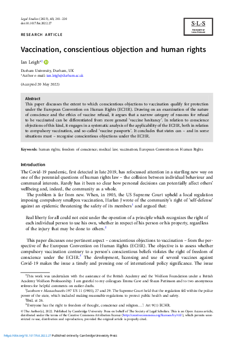 (PDF) Vaccination, conscientious objection and human rights