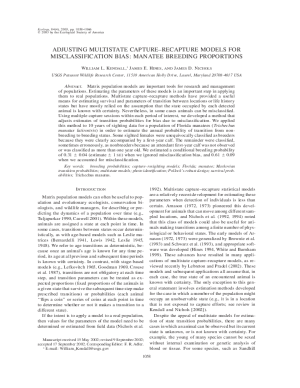 Pdf Adjusting Multistate Capture Recapture Models For Misclassification Bias Manatee Breeding