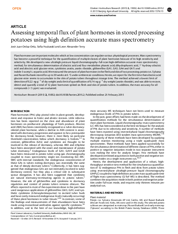 Assessing temporal flux of plant hormones in stored processing potatoes ...
