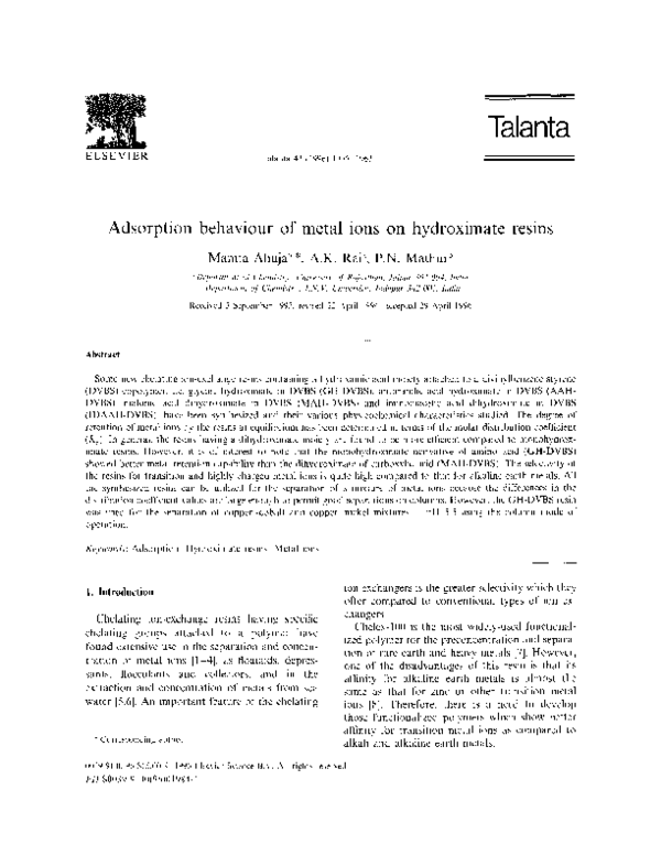 (PDF) Adsorption behaviour of metal ions on hydroximate resins
