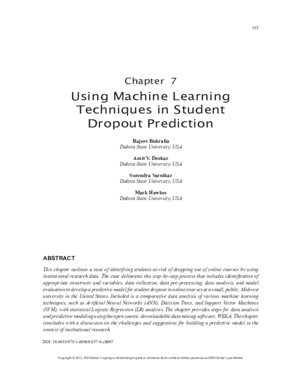 (PDF) Using Machine Learning Techniques in Student Dropout Prediction