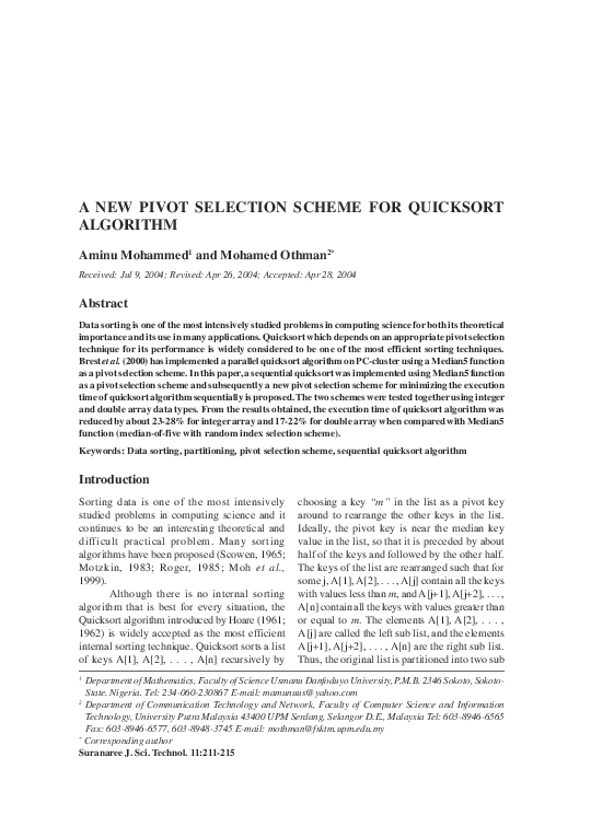 (PDF) A New Pivot Selection Scheme for Quicksort Algorithm