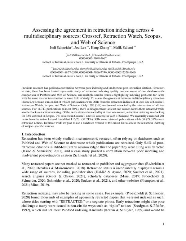 (PDF) Assessing the agreement in retraction indexing across 4 ...
