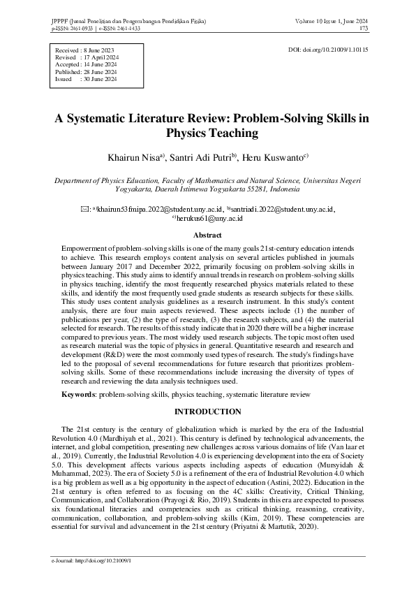 (PDF) A Systematic Literature Review: Problem-Solving Skills in Physics Teaching