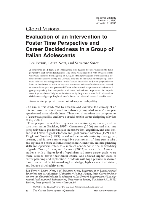 (PDF) Evaluation of an Intervention to Foster Time Perspective and ...