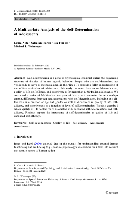 (PDF) A Multivariate Analysis of the Self-Determination of Adolescents