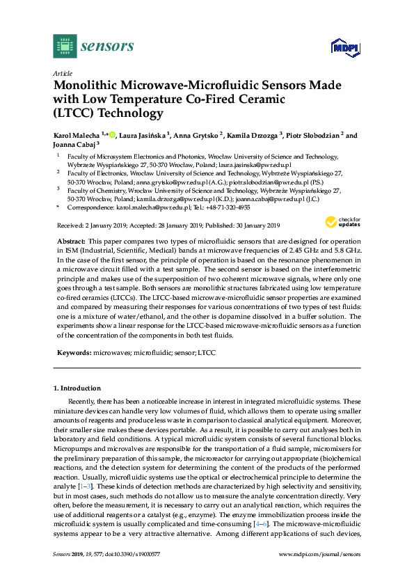 (PDF) Monolithic Microwave-Microfluidic Sensors Made with Low Temperature Co-Fired Ceramics ...