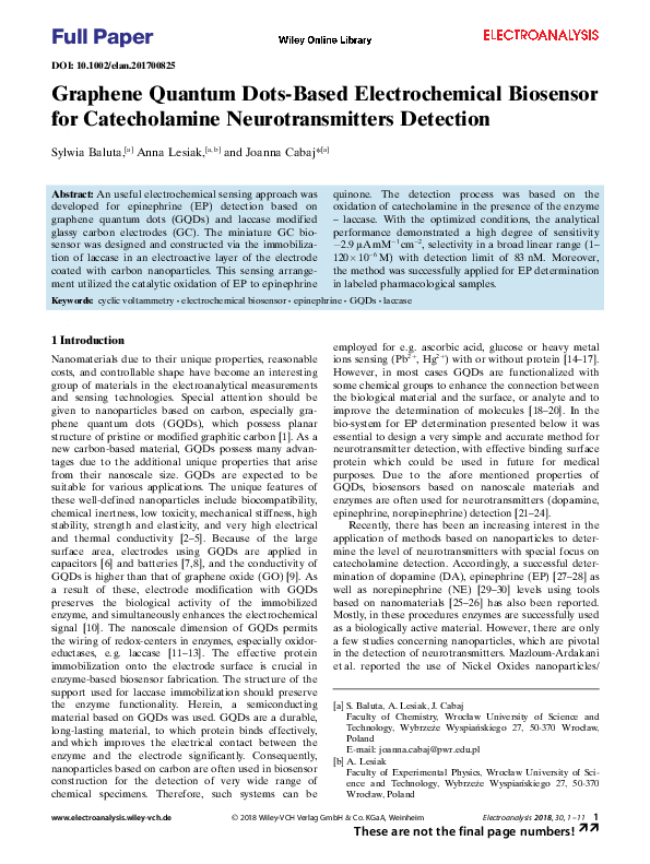 (PDF) Graphene Quantum Dots‐based Electrochemical Biosensor for Catecholamine Neurotransmitters ...