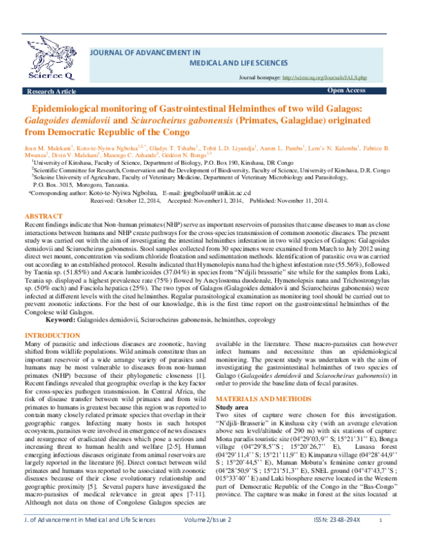 (PDF) Epidemiological monitoring of Gastrointestinal Helminthes of two ...