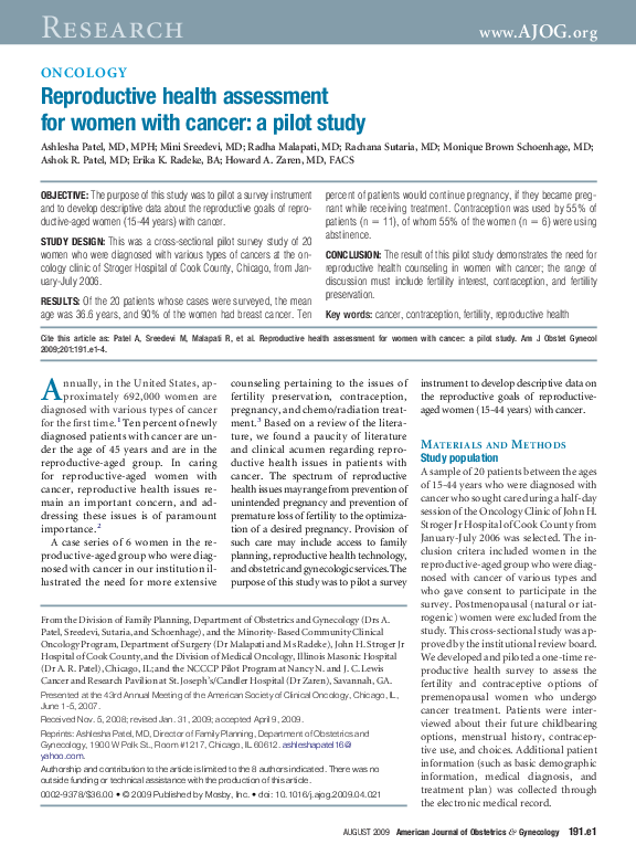 (PDF) Reproductive health assessment for women with cancer: a pilot study