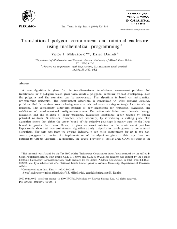 (PDF) Translational polygon containment and minimal enclosure using mathematical programming