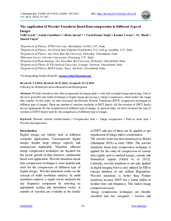 (PDF) The Application of Wavelet Transform Based Data compression in Different Type of Images