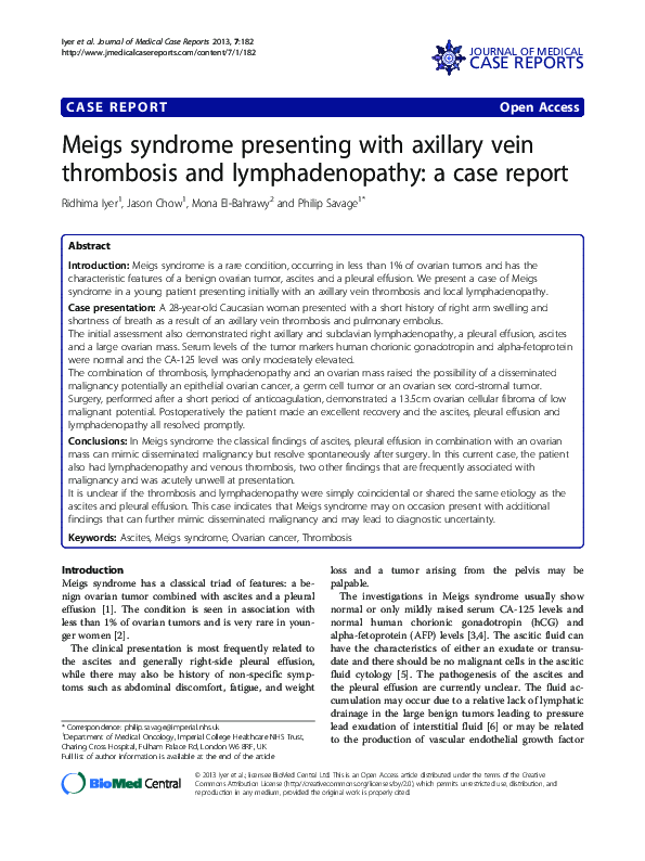(PDF) Meigs syndrome presenting with axillary vein thrombosis and ...