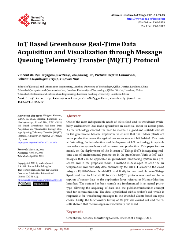 (PDF) IoT Based Greenhouse Real-Time Data Acquisition and Visualization through Message Queuing ...