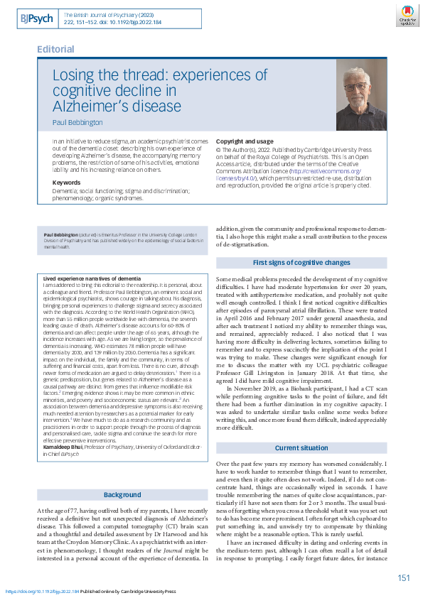(PDF) Losing the thread: experiences of cognitive decline in Alzheimer ...