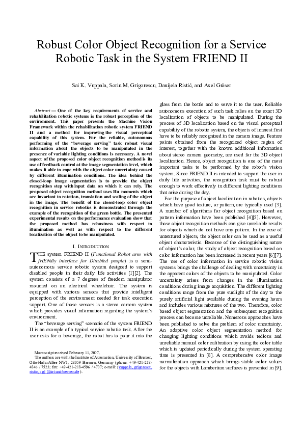 Pdf Robust Color Object Recognition For A Service Robotic Task In The