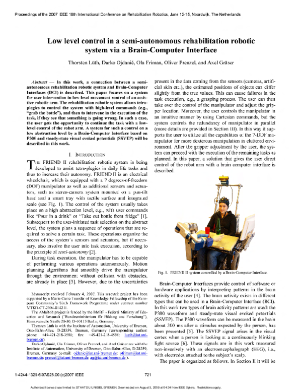 (PDF) Low level control in a semi-autonomous rehabilitation robotic ...