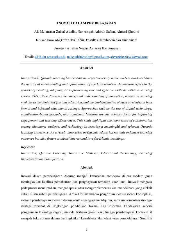 (PDF) Artikel Inovasi dalam Pembelajaran