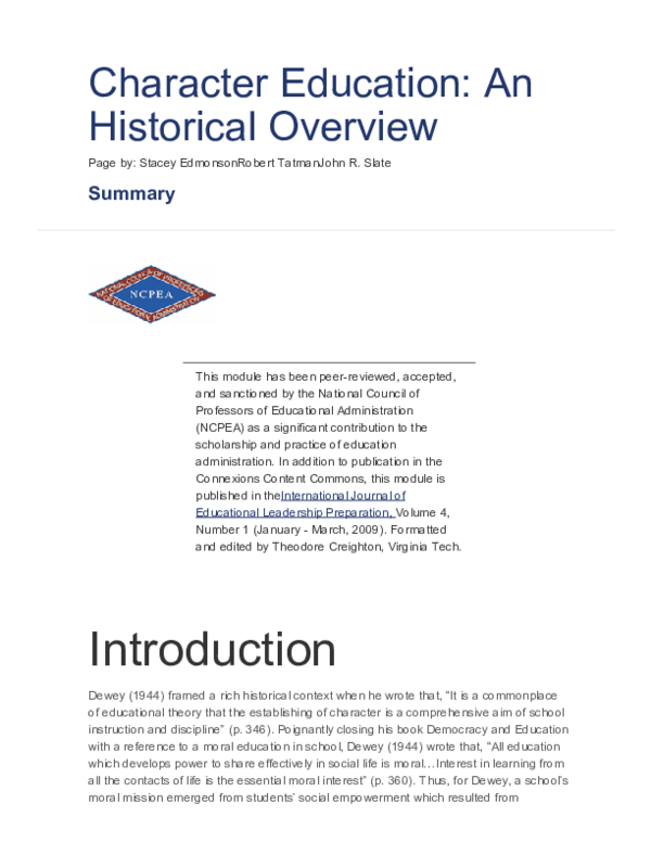 (PDF) Character Education: An Historical Overview