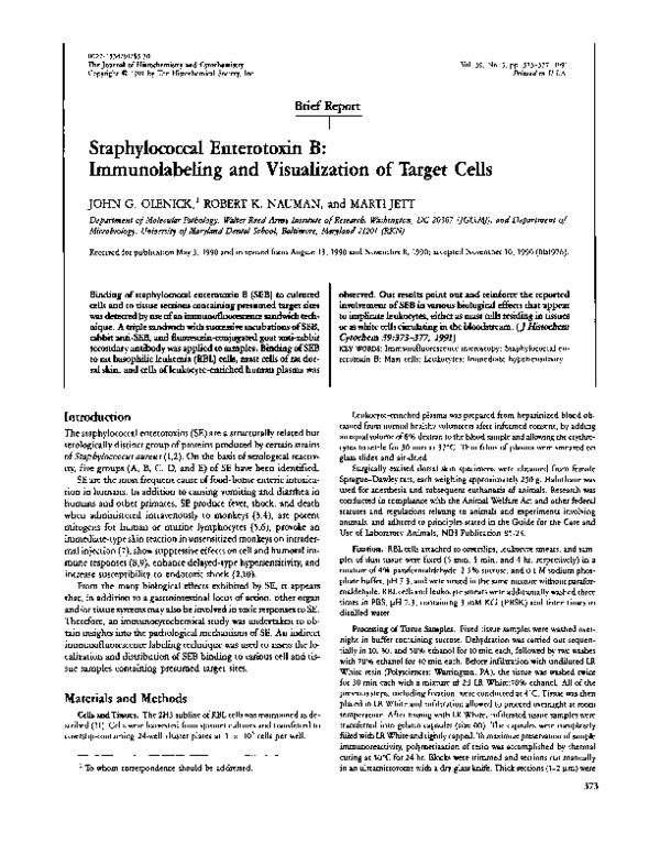 (PDF) Staphylococcal enterotoxin B: immunolabeling and visualization of target cells
