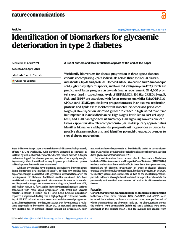 (PDF) Identification of biomarkers for glycaemic deterioration in type ...