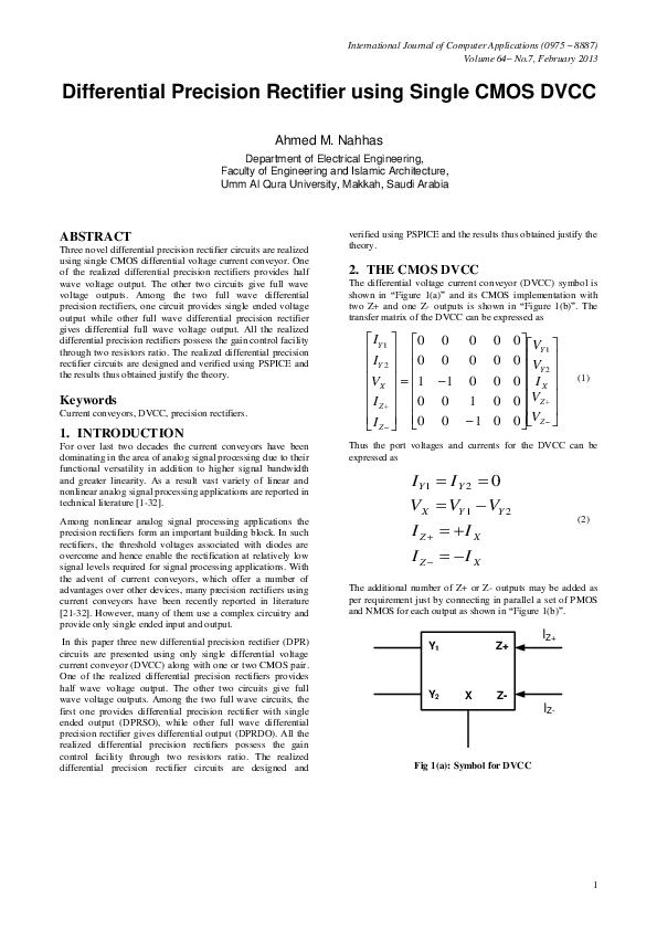 (PDF) Differential Precision Rectifier using Single CMOS DVCC