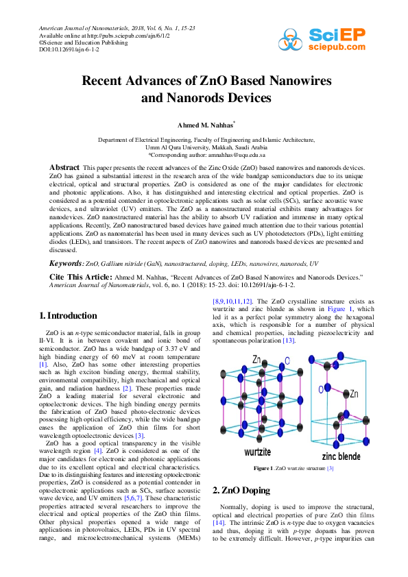 (PDF) Recent Advances of ZnO Based Nanowires and Nanorods Devices