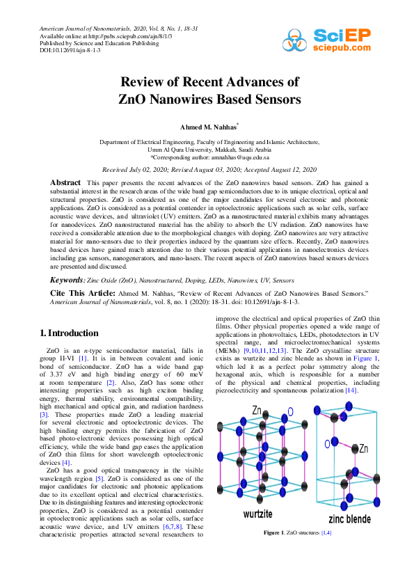 (PDF) Review of Recent Advances of ZnO Nanowires Based Sensors