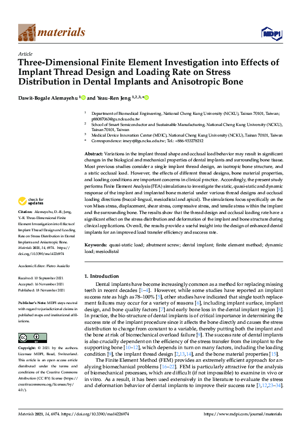 (PDF) Three-Dimensional Finite Element Investigation into Effects of Implant Thread Design and ...