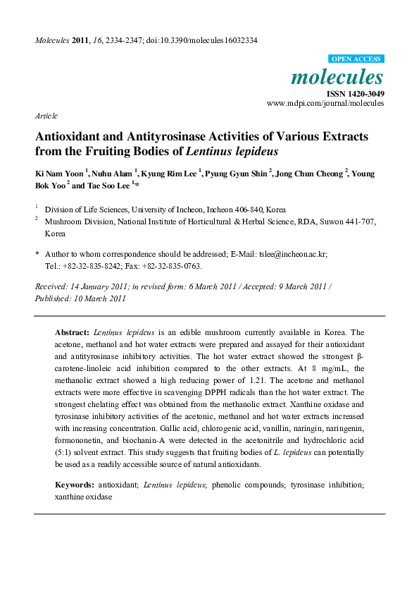 (PDF) Antioxidant and Antityrosinase Activities of Various Extracts from the Fruiting Bodies of ...