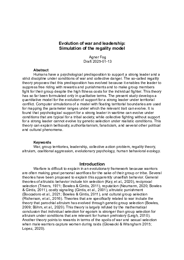 (PDF) Evolution of war and leadership: Simulation of the regality model