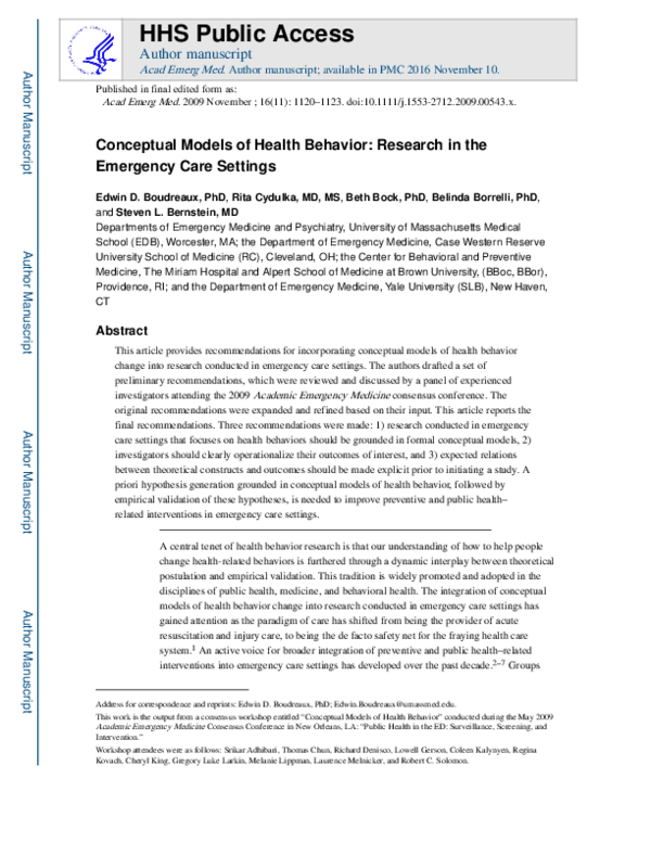 (PDF) Conceptual Models of Health Behavior: Research in the Emergency ...