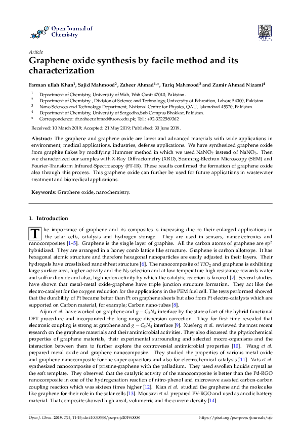 (PDF) Graphene oxide synthesis by facile method and its characterization