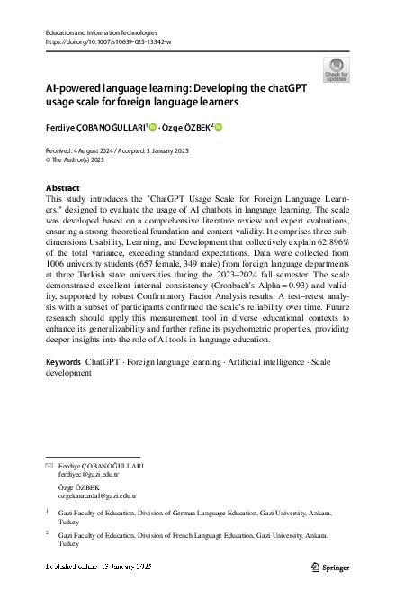 (PDF) AI‑powered language learning: Developing the chatGPT usage scale for foreign language learners