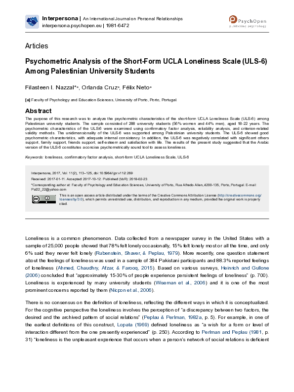 (PDF) Psychometric analysis of the short-form UCLA Loneliness Scale ...