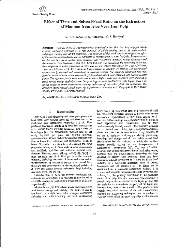 (PDF) Effect of Time and Solvent/Feed Ratio on the Extractionof Mannan from Aloe Vera Leaf Pulp