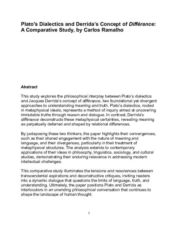 (PDF) Plato's Dialectics and Derrida’s Concept of Différance: A Comparative Study