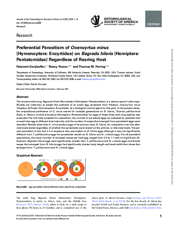 (PDF) Preferential Parasitism of Ooencyrtus mirus (Hymenoptera ...