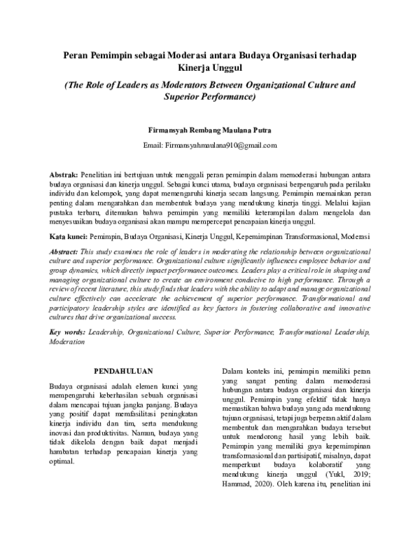 (PDF) Peran Pemimpin sebagai Moderasi antara Budaya Organisasi terhadap Kinerja Unggul