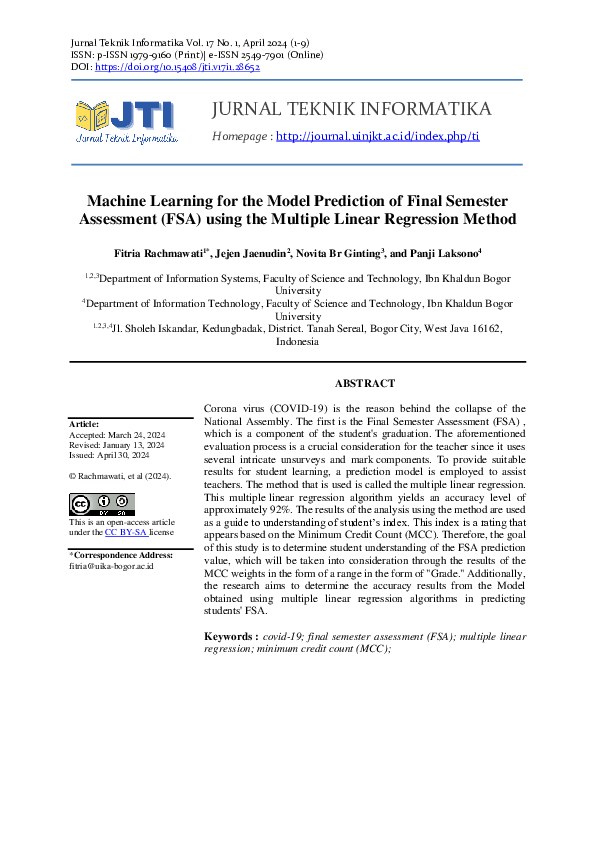(PDF) Machine Learning for the Model Prediction of Final Semester Assessment (FSA) using the ...