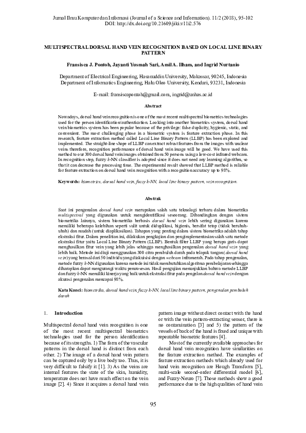 (PDF) Multispectral Dorsal Hand Vein Recognition Based on Local Line Binary Pattern