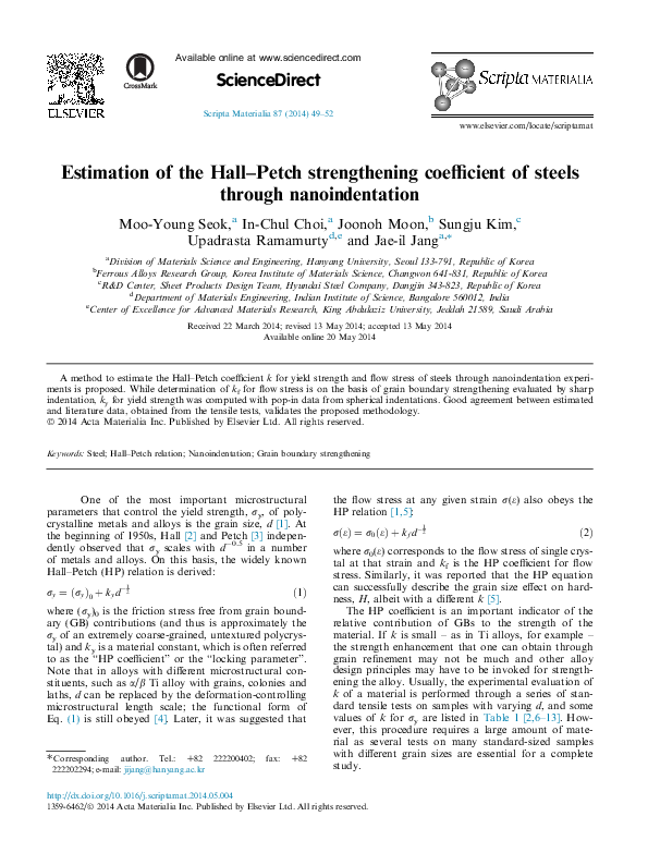 (PDF) Estimation of the Hall–Petch strengthening coefficient of steels through nanoindentation