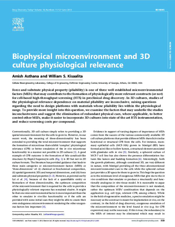 (PDF) Biophysical microenvironment and 3D culture physiological relevance