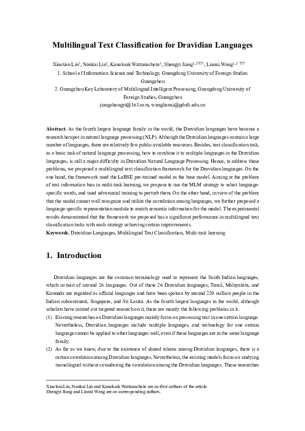 (PDF) Multilingual Text Classification for Dravidian Languages