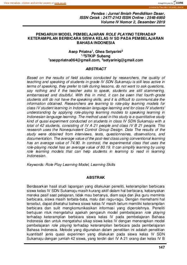 (PDF) Pengaruh Model Pembelajaran Role Playing Terhadap Keterampilan Berbicara Siswa Kelas IV SD ...